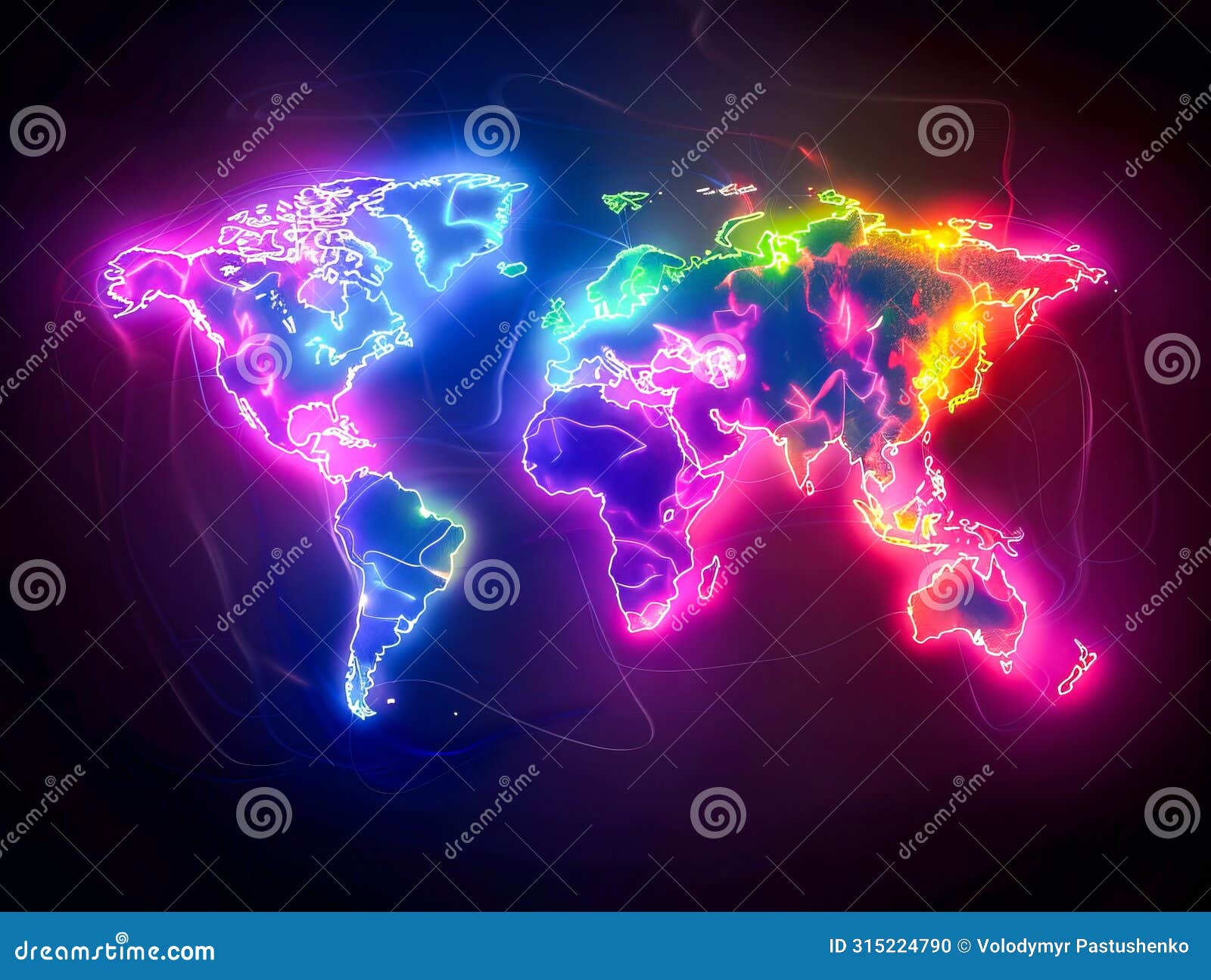 A Colorful World Map with Neon Lights Stock Photo - Image of color ...