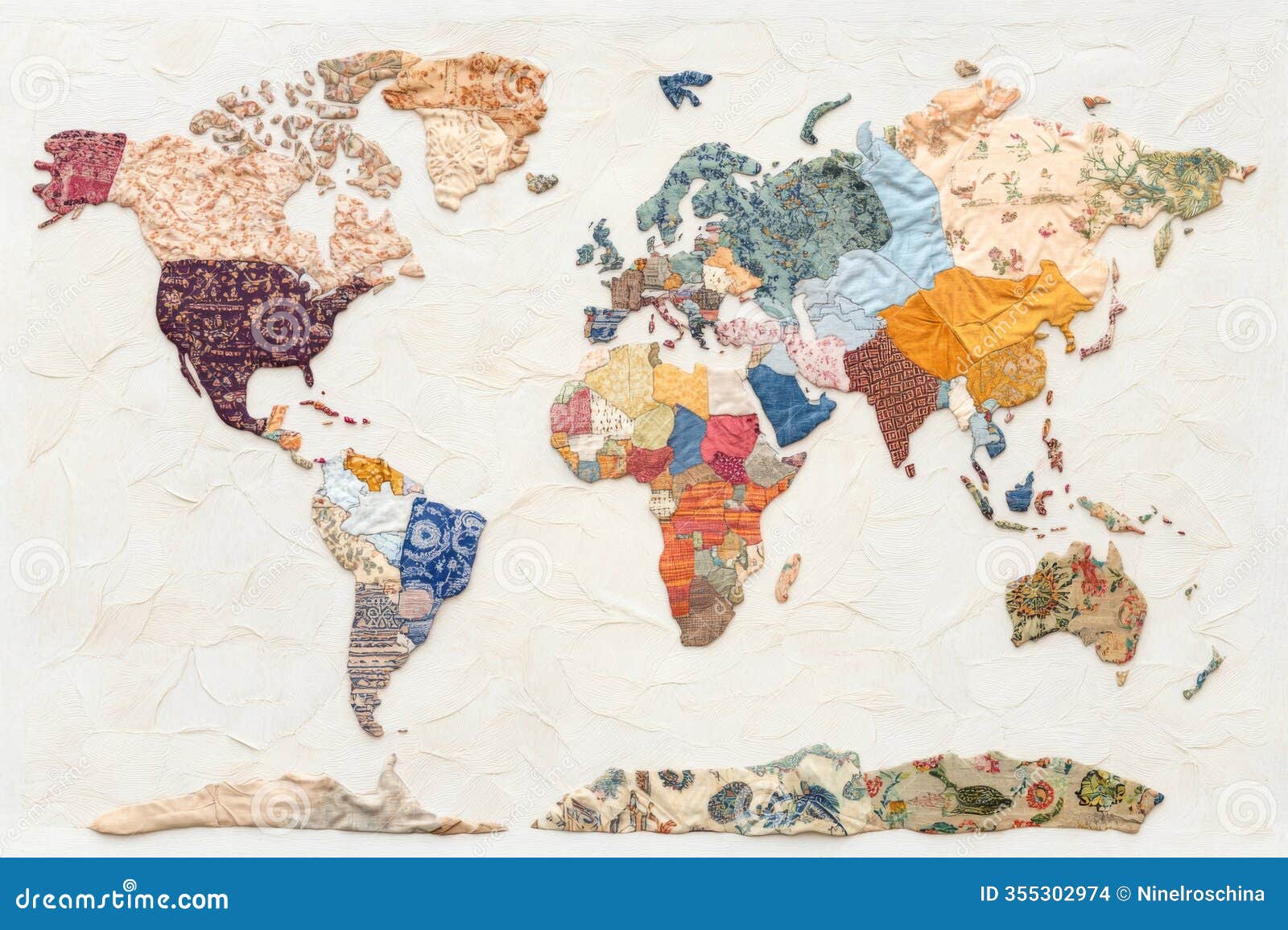 Colorful World Map Patchwork Textile Displaying Various Patterns and ...