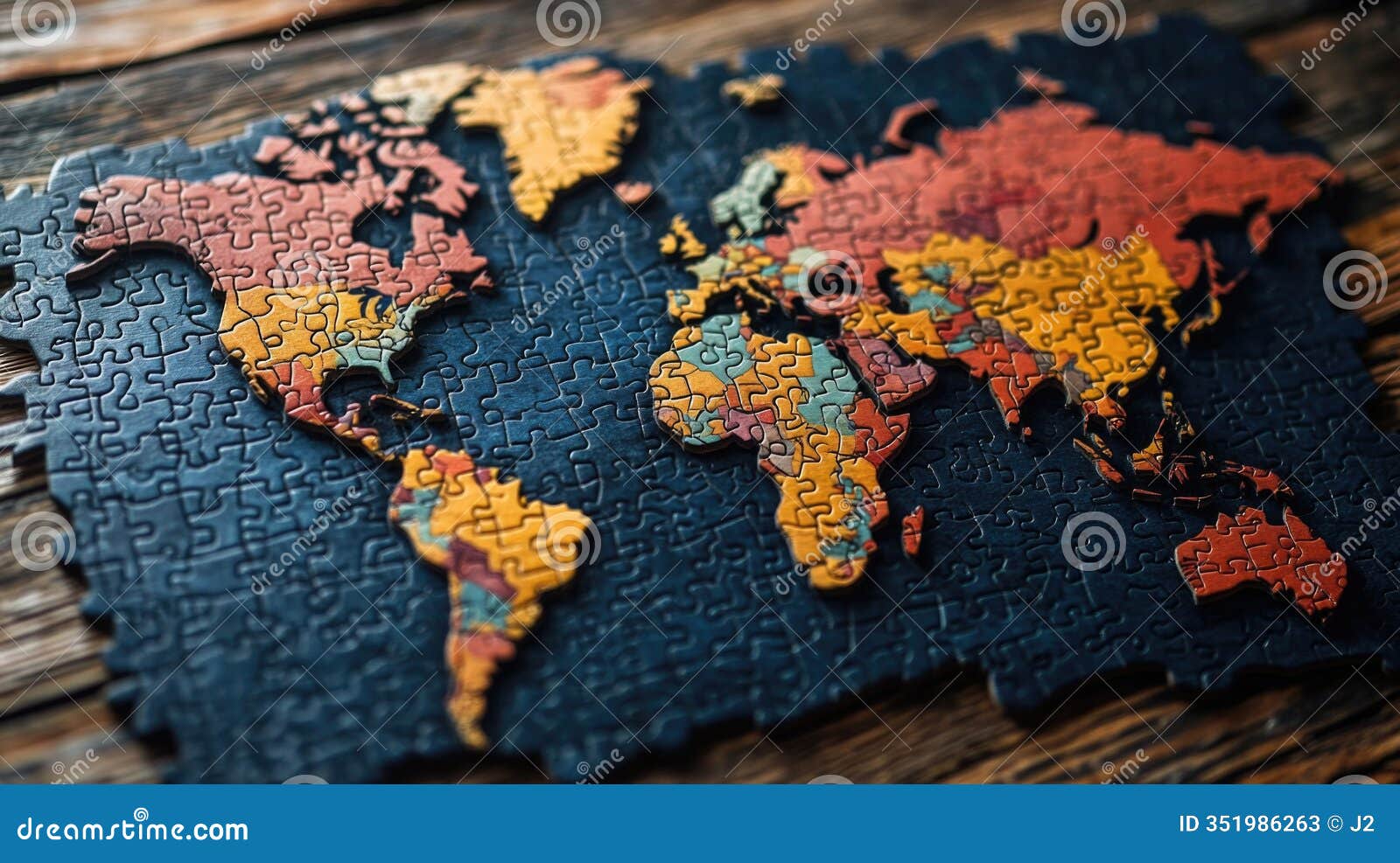 Colorful World Map Puzzle on Wooden Surface Displaying Continents Stock ...