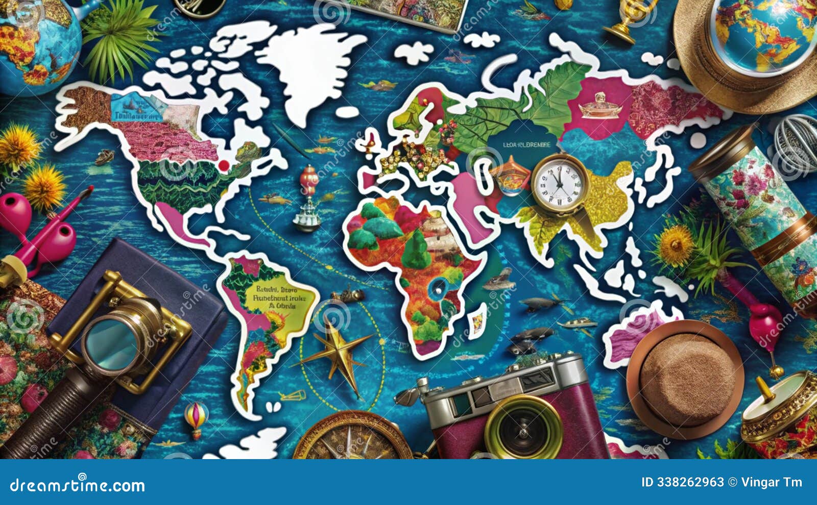 Colorful World Map Surrounded by Travel Objects Stock Image - Image of ...