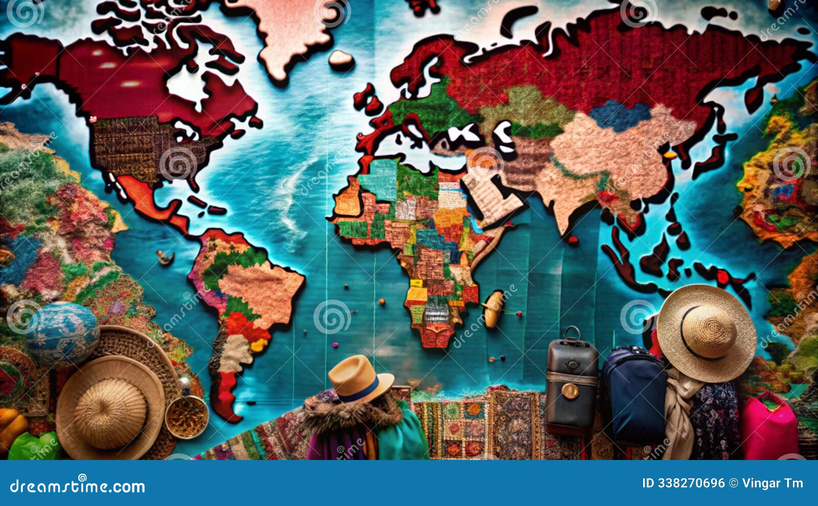 A Colorful World Map with Travel Accessories Stock Photo - Image of ...
