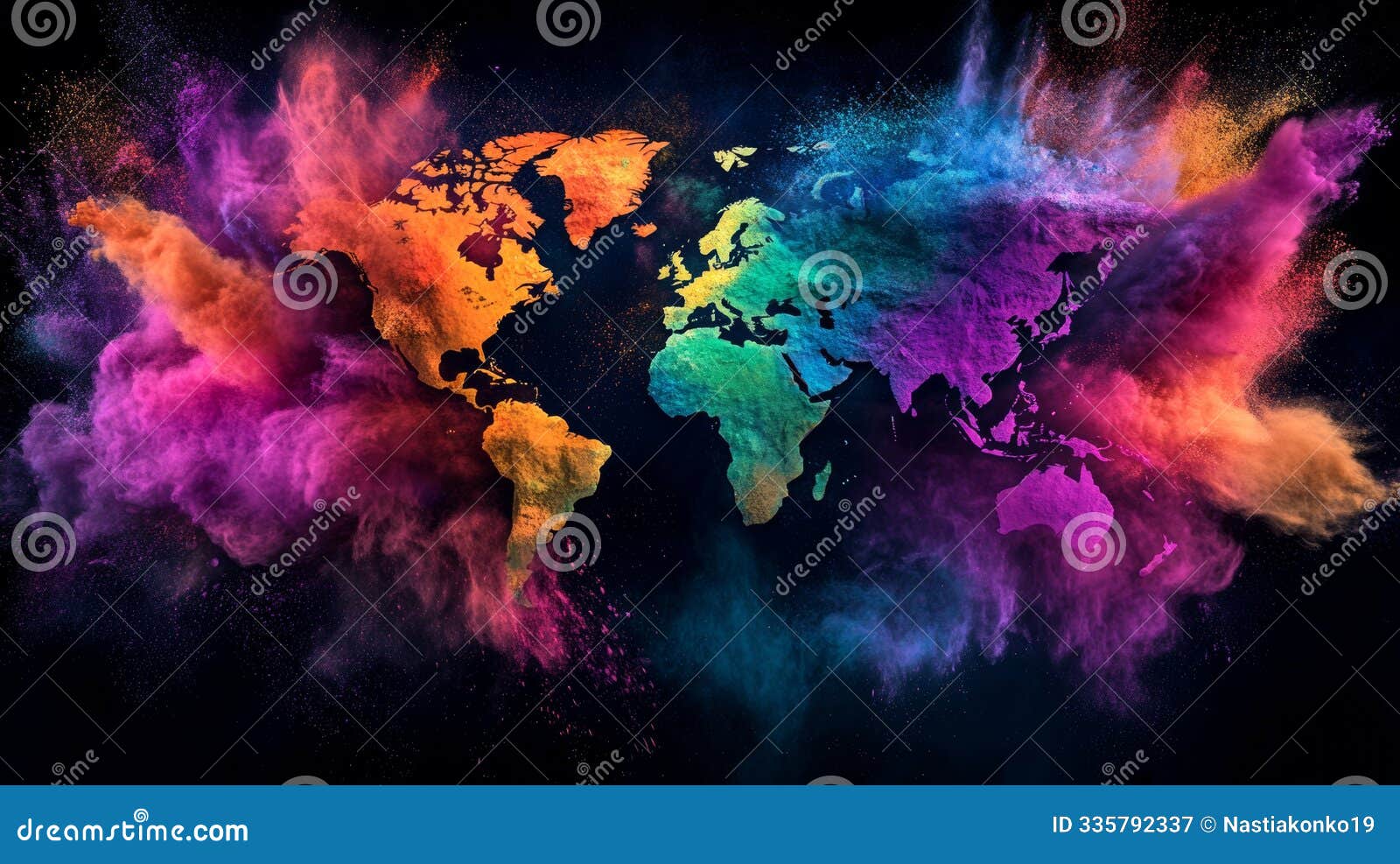 Colorful World Map with Vibrant Powder Explosion Stock Image - Image of ...