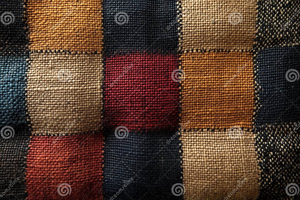 Colorful Woven Textile Featuring a Patchwork Pattern in a Grid Layout ...
