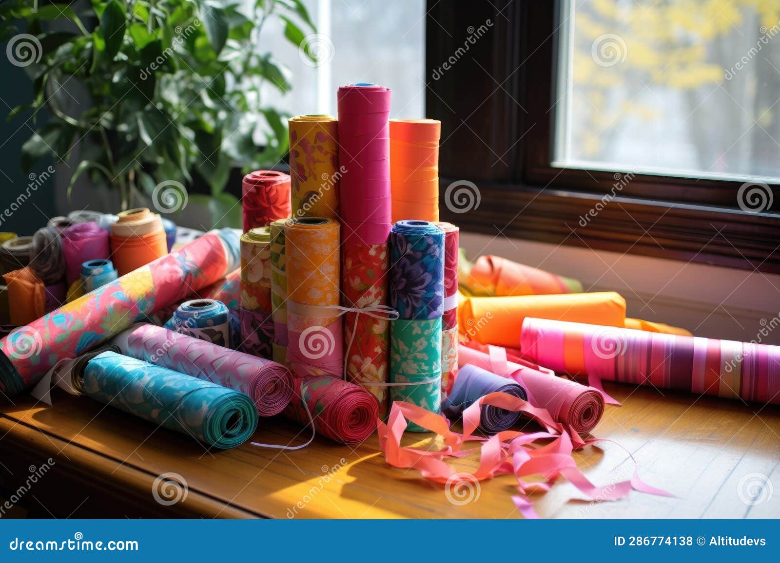 Colorful Wrapping Paper Rolls and Ribbons on a Table Stock Photo ...