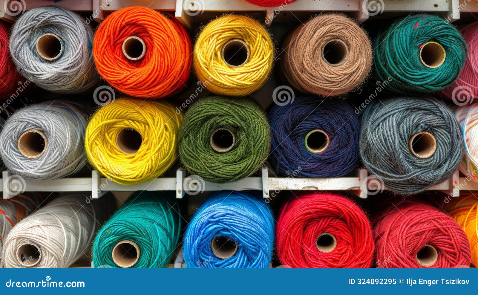 Colorful Yarn Rolls Grid on White Background with Ample Negative Space ...