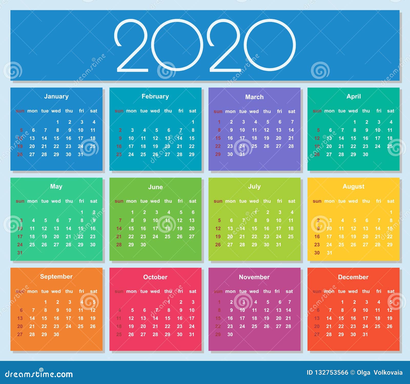 Colorful Year 2020 Calendar Stock Vector - Illustration of lgbt ...