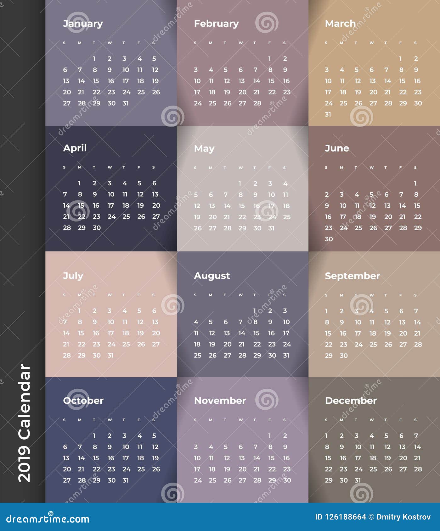 Colorful Year 2019 Calendar Vector Template. Vector Eps 10. Stock ...