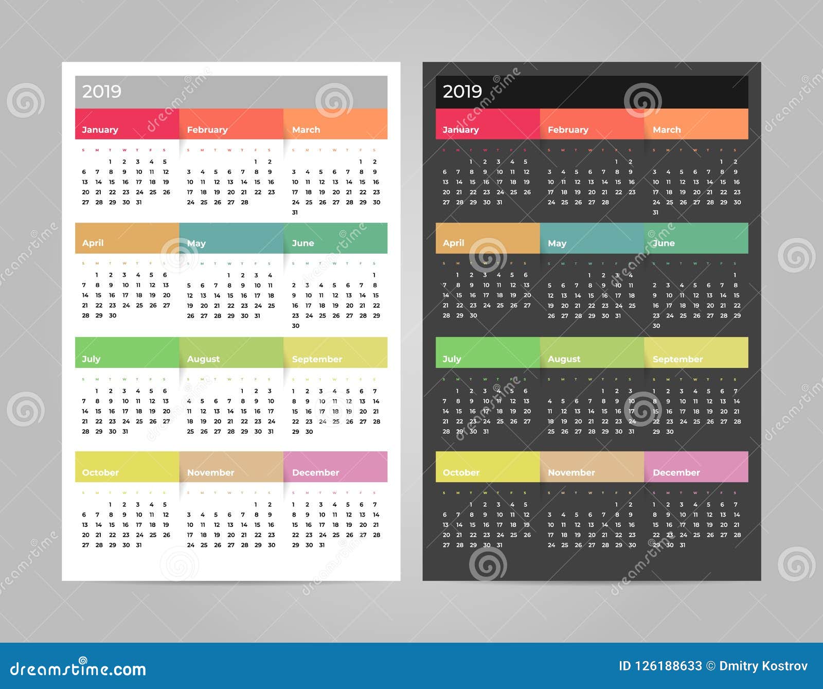 Colorful Year 2019 Calendar Vector Template. Vector Eps 10. Stock ...
