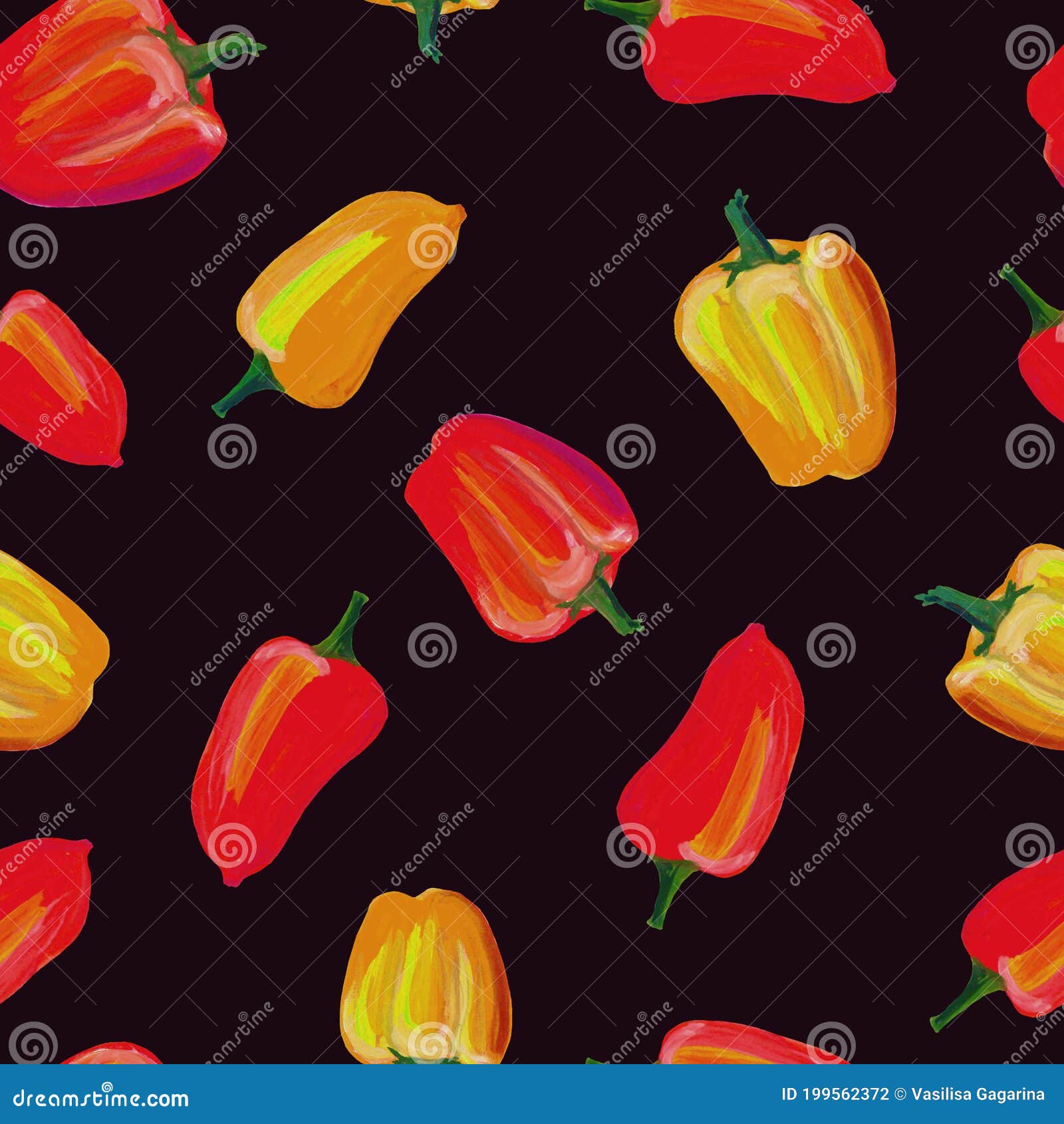Colorful Yellow and Red Pepper Pattern. Hand Drawn Ornament on a Black ...