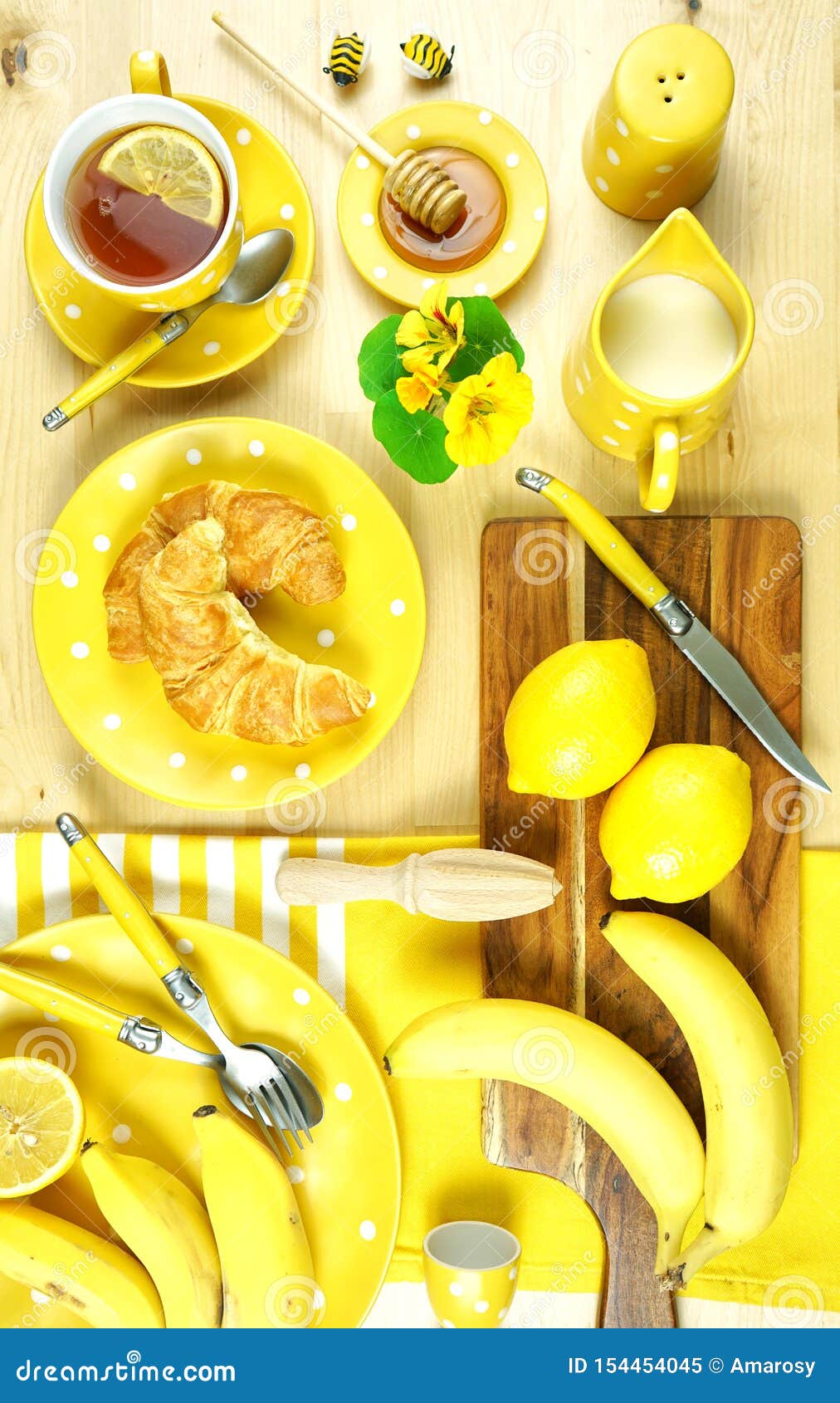 Colorful Yellow Theme Breakfast Brunch Table Setting Flatlay. Stock ...