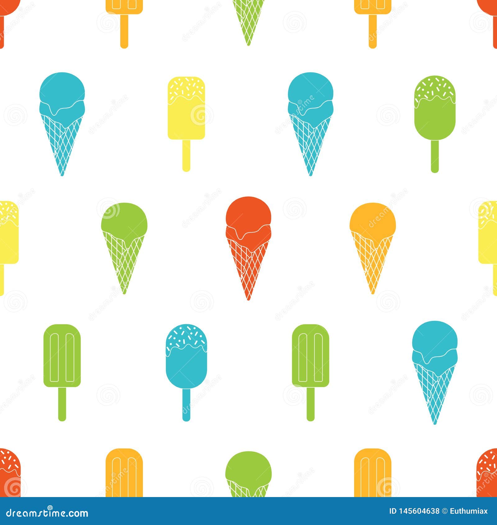 Colorfull Vector Ice Cream Repeat Seamless Pattern. Bright Colors on ...