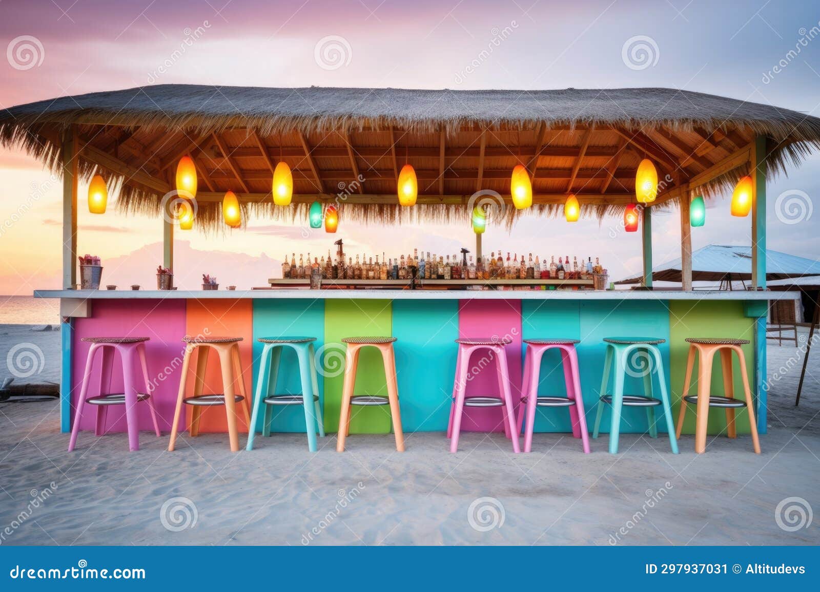 Colorfully Lit Beach Bar with Empty Stools Stock Image - Image of ...