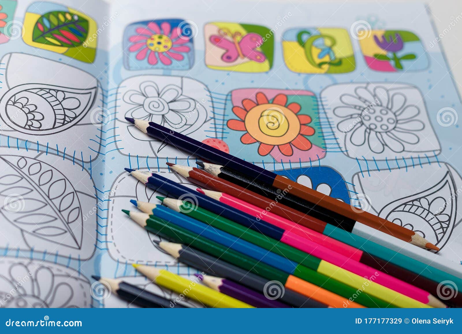 Coloring Antistress Book, Double Sided Pencils Stock Image - Image of ...
