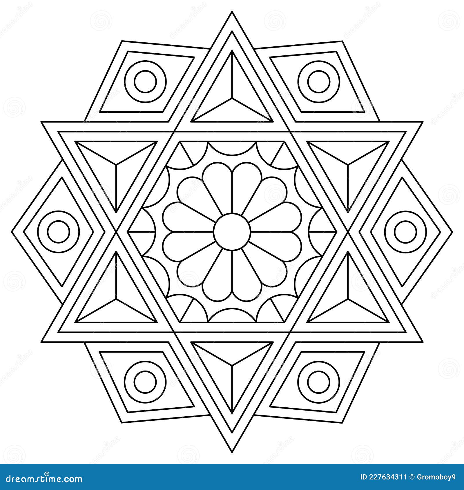Coloring Book with Black and White Mandala. Vector Drawing with Six ...