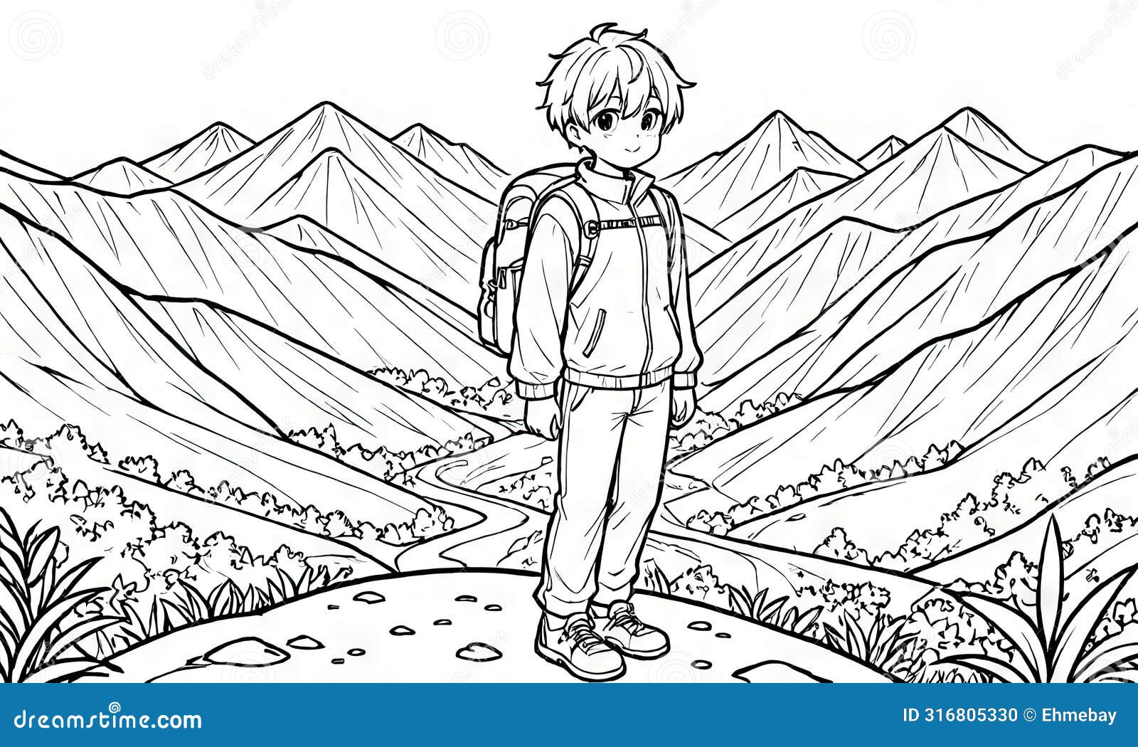 Coloring Book: Boy Exploring Mountain Terrain, Generated by AI Stock ...