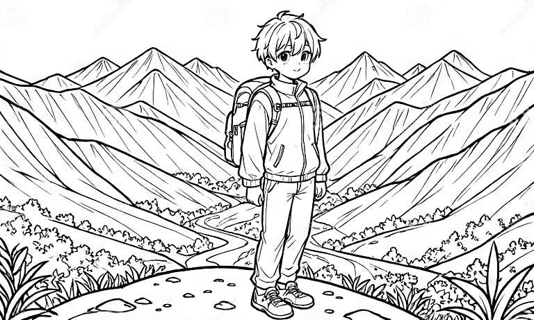 Coloring Book: Boy Exploring Mountain Terrain, Generated by AI Stock ...