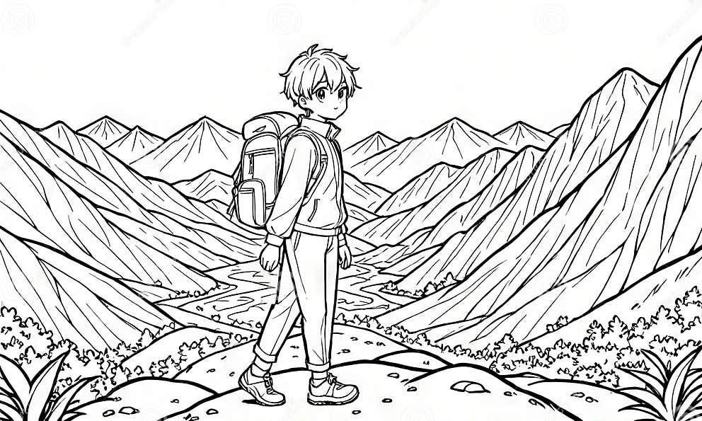 Coloring Book: Boy Exploring Mountain Terrain, Generated by AI Stock ...