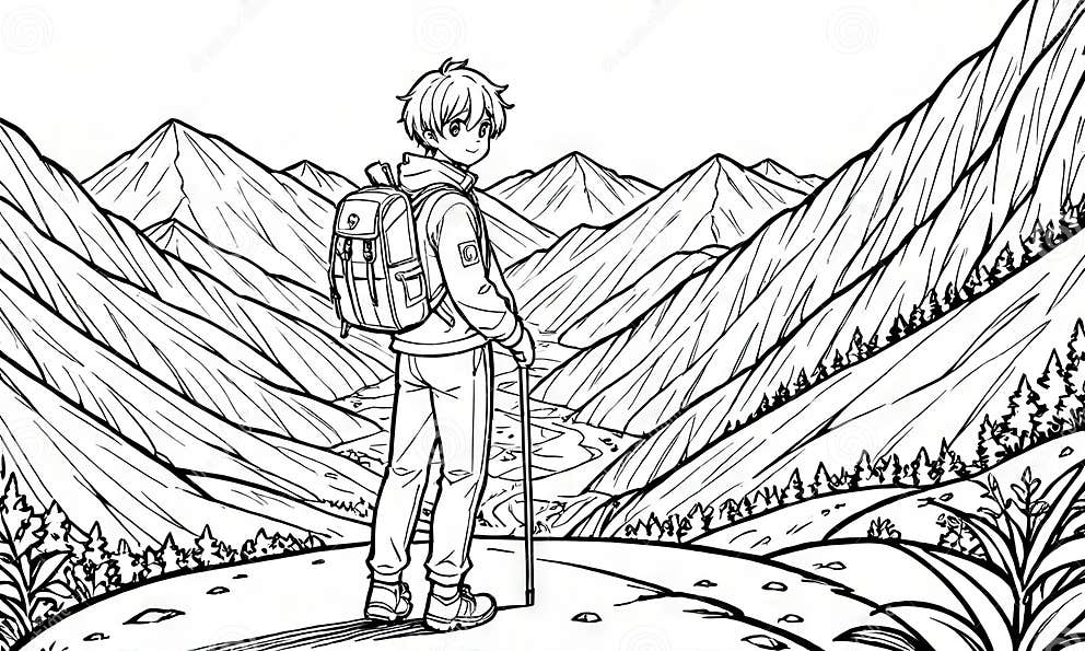 Coloring Book: Boy Exploring Mountain Terrain, Generated by AI Stock ...