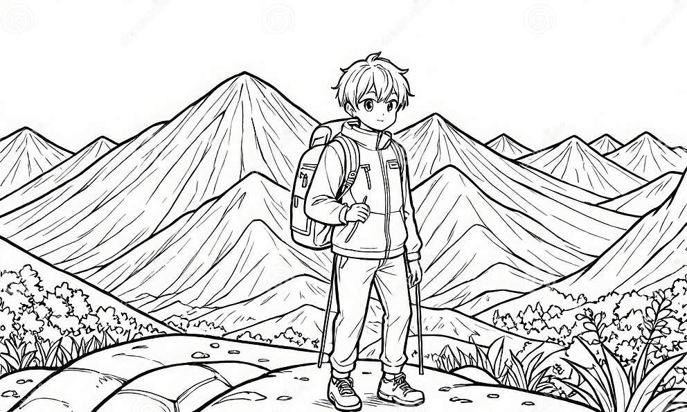 Coloring Book: Boy Exploring Mountain Terrain, Generated by AI Stock ...
