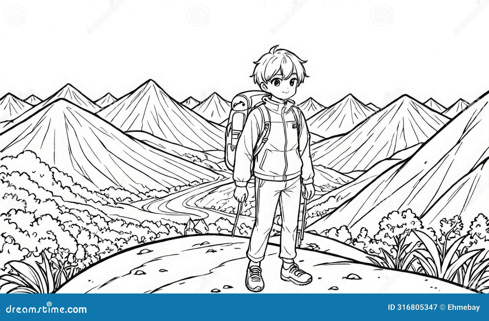 Coloring Book: Boy Exploring Mountain Terrain, Generated by AI Stock ...