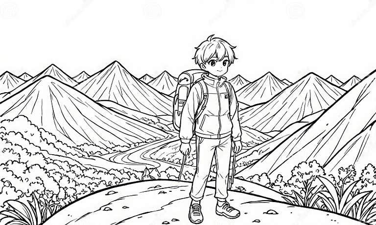 Coloring Book: Boy Exploring Mountain Terrain, Generated by AI Stock ...