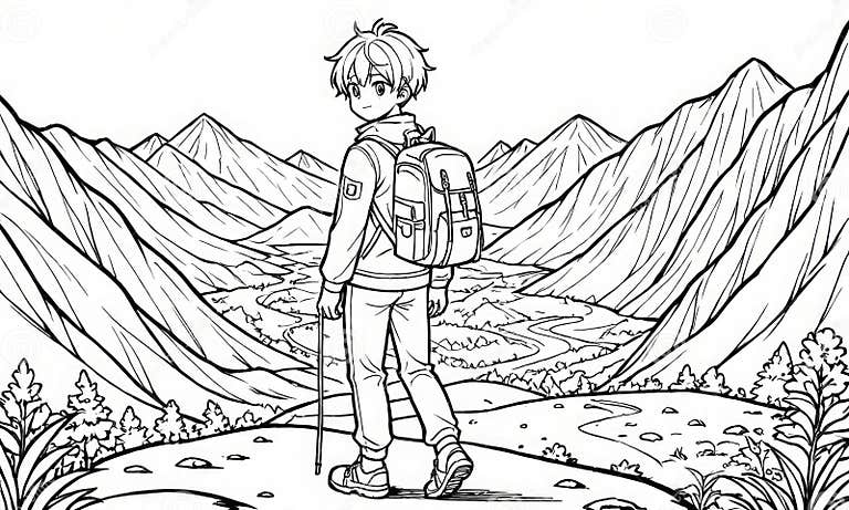 Coloring Book: Boy Exploring Mountain Terrain, Generated by AI Stock ...