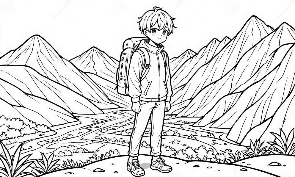 Coloring Book: Boy Exploring Mountain Terrain, Generated by AI Stock ...