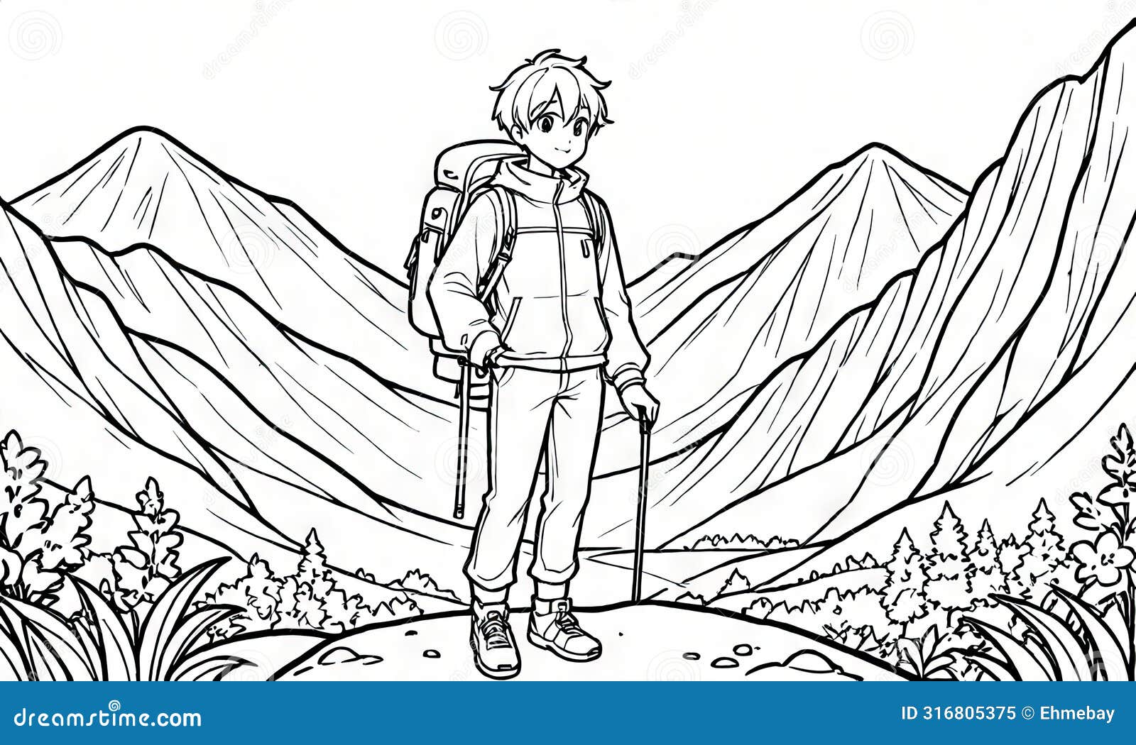 Coloring Book: Boy Exploring Mountain Terrain, Generated by AI Stock ...