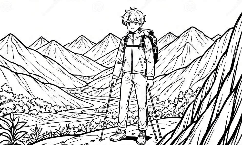 Coloring Book: Boy Exploring Mountain Terrain, Generated by AI Stock ...