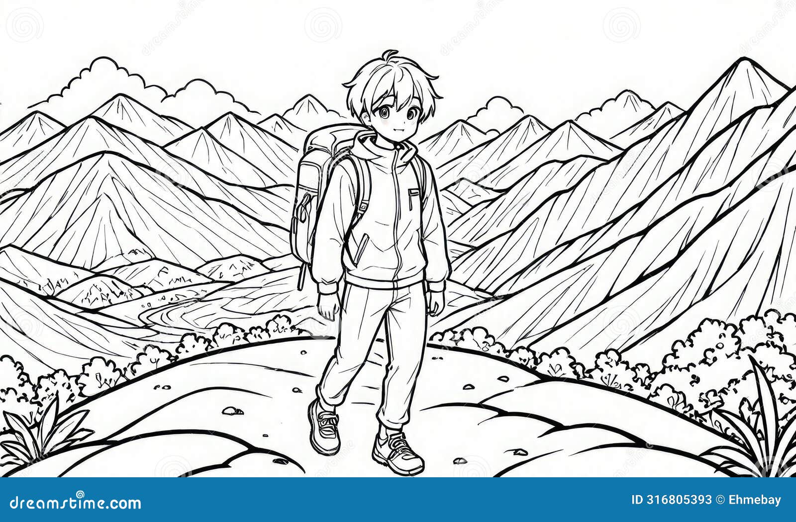 Coloring Book: Boy Exploring Mountain Terrain, Generated by AI Stock ...