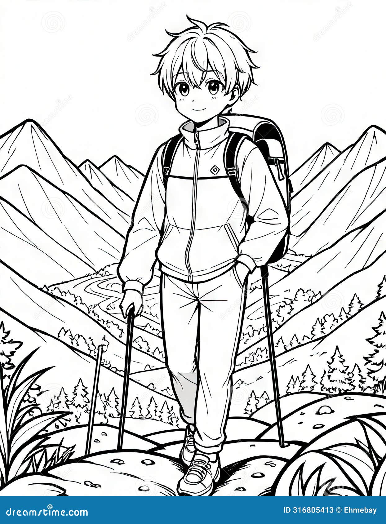 Coloring Book: Boy Exploring Mountain Terrain, Generated By AI Stock ...