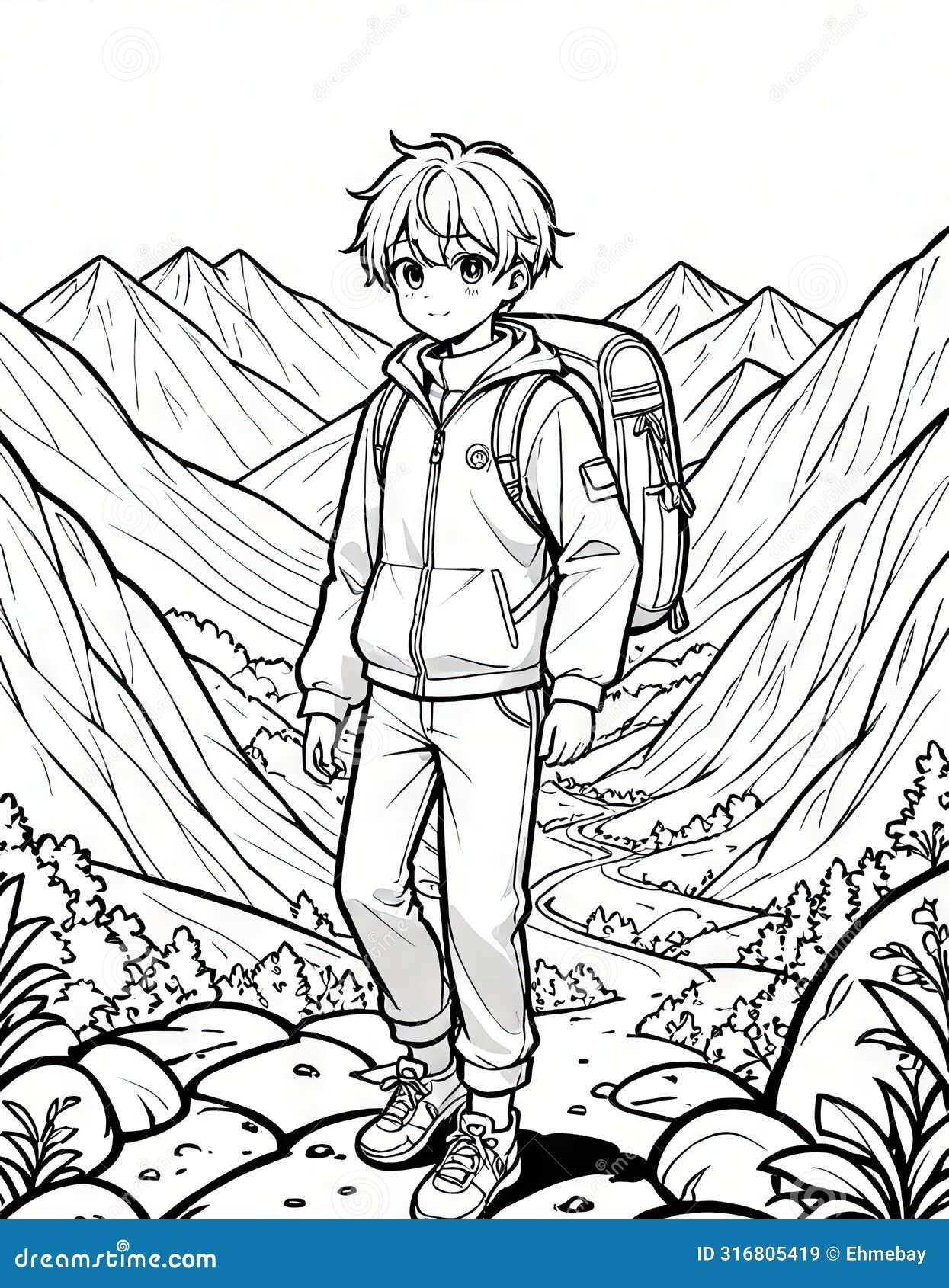 Coloring Book: Boy Exploring Mountain Terrain, Generated by AI Stock ...