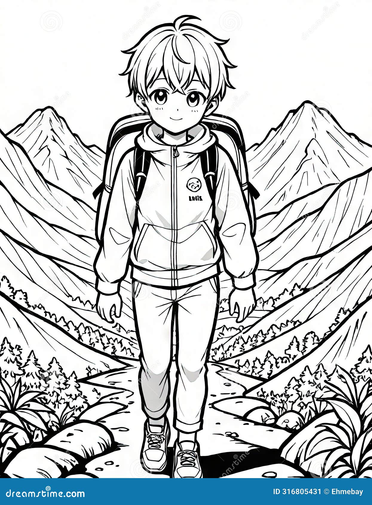 Coloring Book: Boy Exploring Mountain Terrain, Generated By AI Stock ...