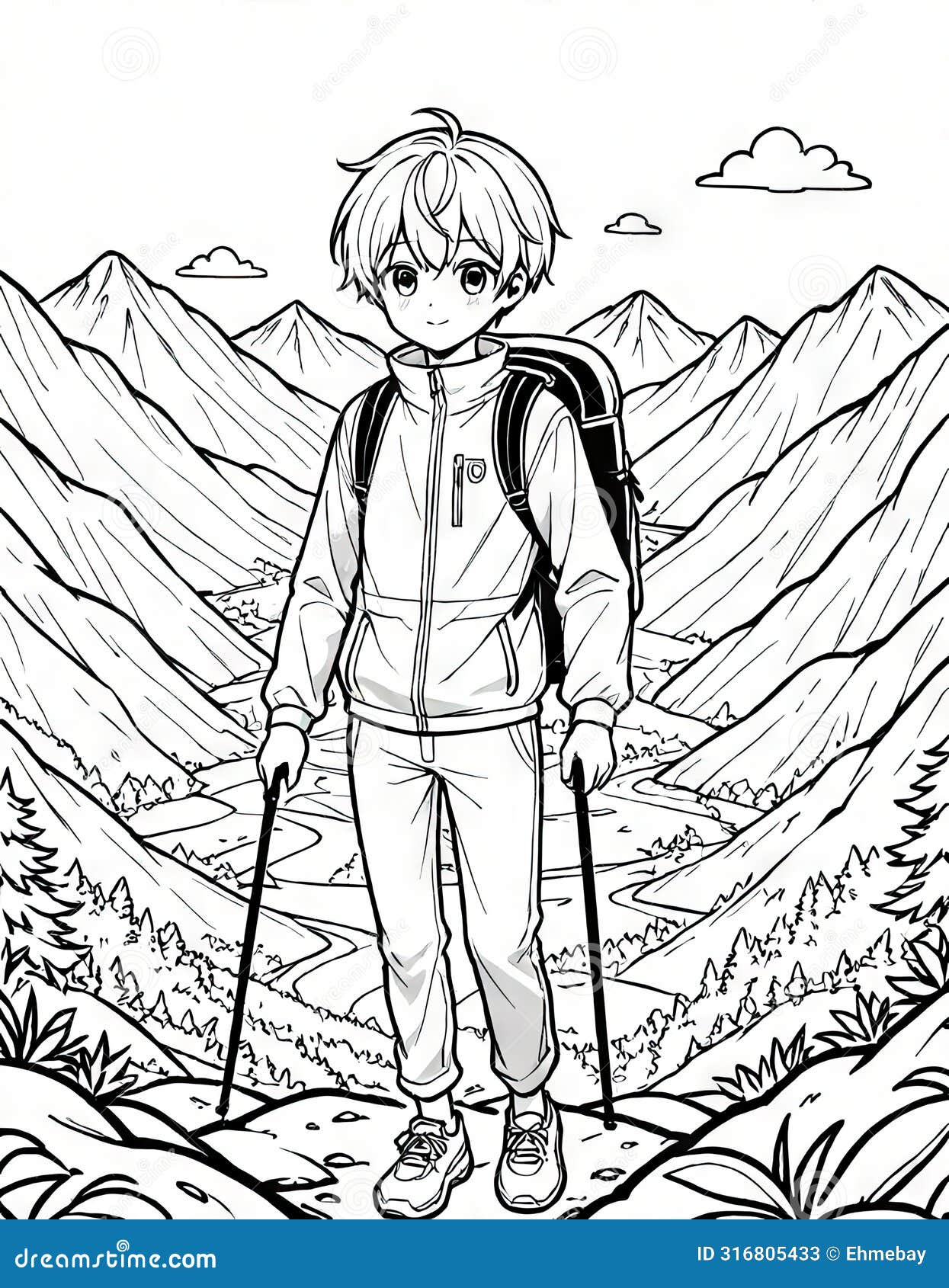 Coloring Book: Boy Exploring Mountain Terrain, Generated By AI Stock ...