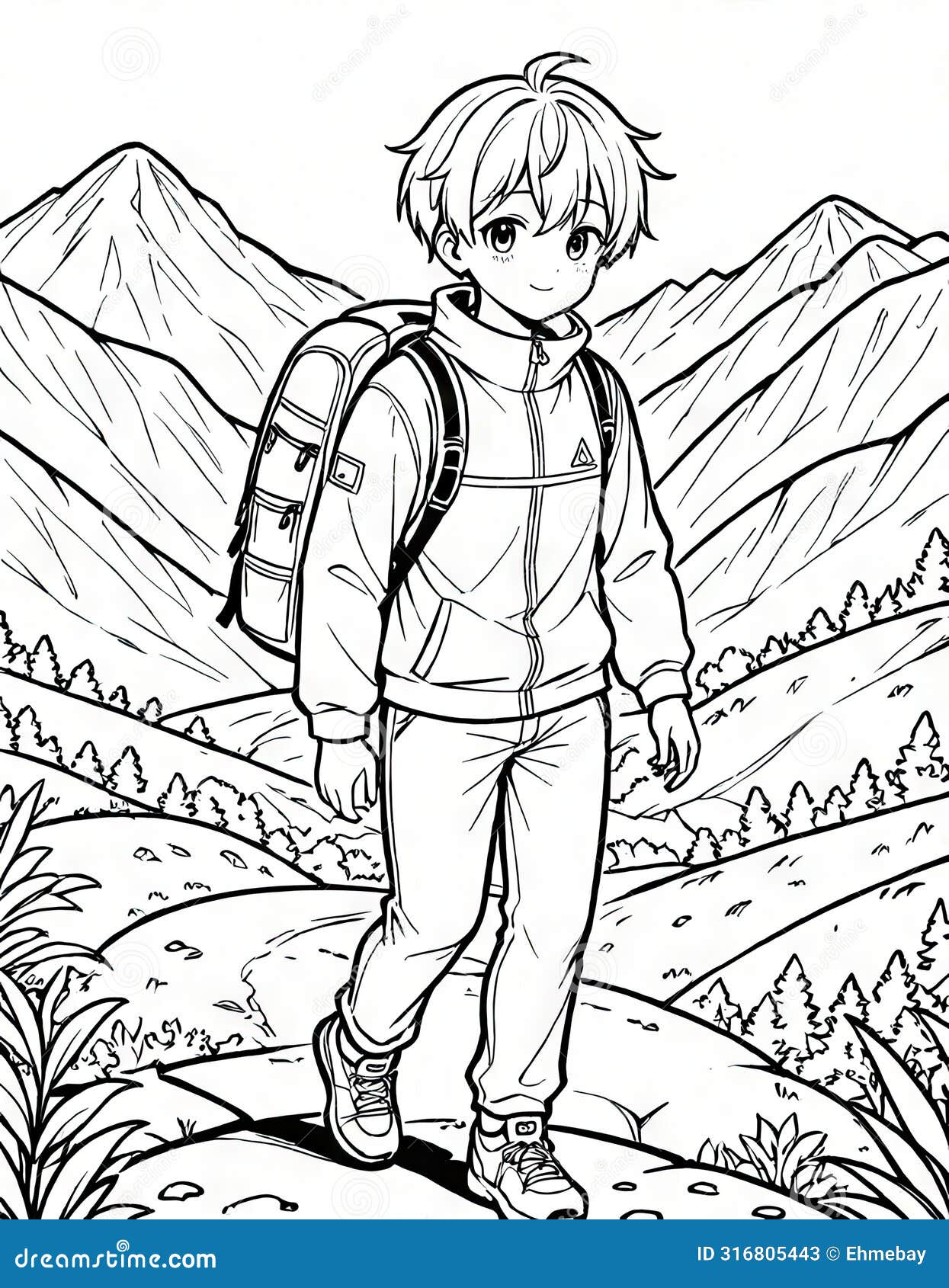 Coloring Book: Boy Exploring Mountain Terrain, Generated By AI Stock ...