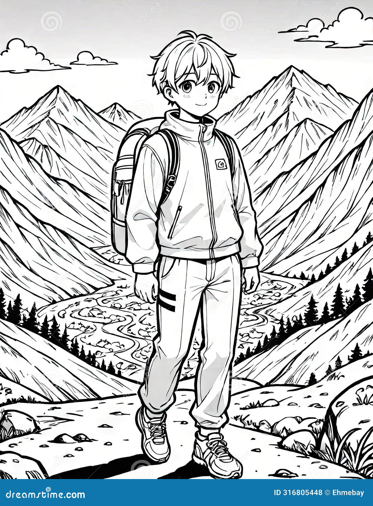 Coloring Book: Boy Exploring Mountain Terrain, Generated By AI Stock ...