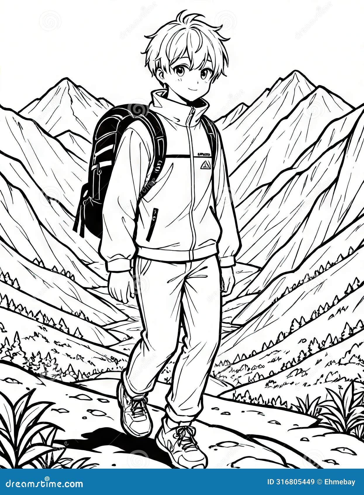 Coloring Book: Boy Exploring Mountain Terrain, Generated By AI Stock ...