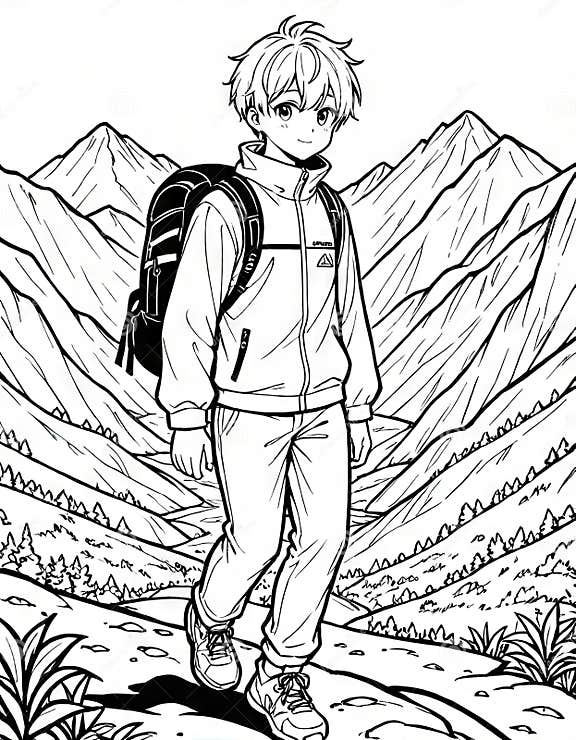 Coloring Book: Boy Exploring Mountain Terrain, Generated by AI Stock ...