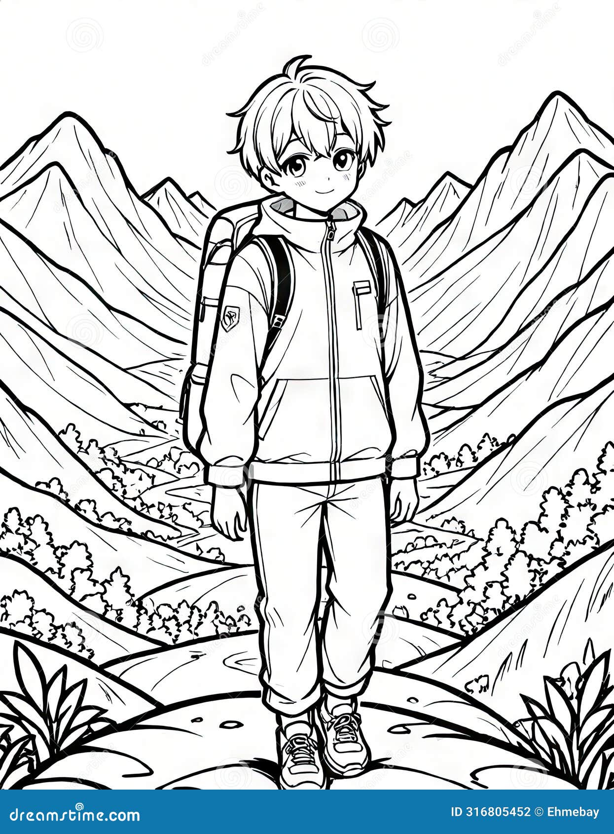 Coloring Book: Boy Exploring Mountain Terrain, Generated By AI Royalty ...