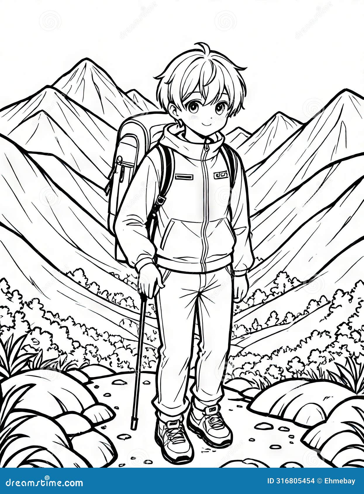Coloring Book: Boy Exploring Mountain Terrain, Generated By AI Stock ...