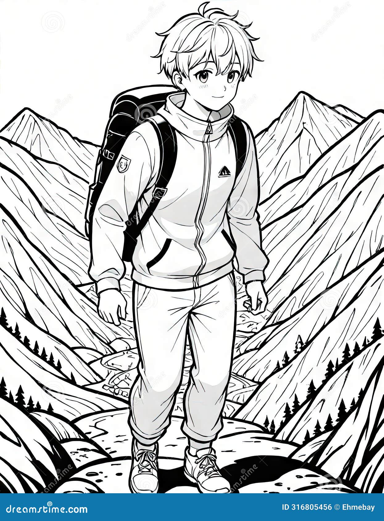 Coloring Book: Boy Exploring Mountain Terrain, Generated By AI Stock ...