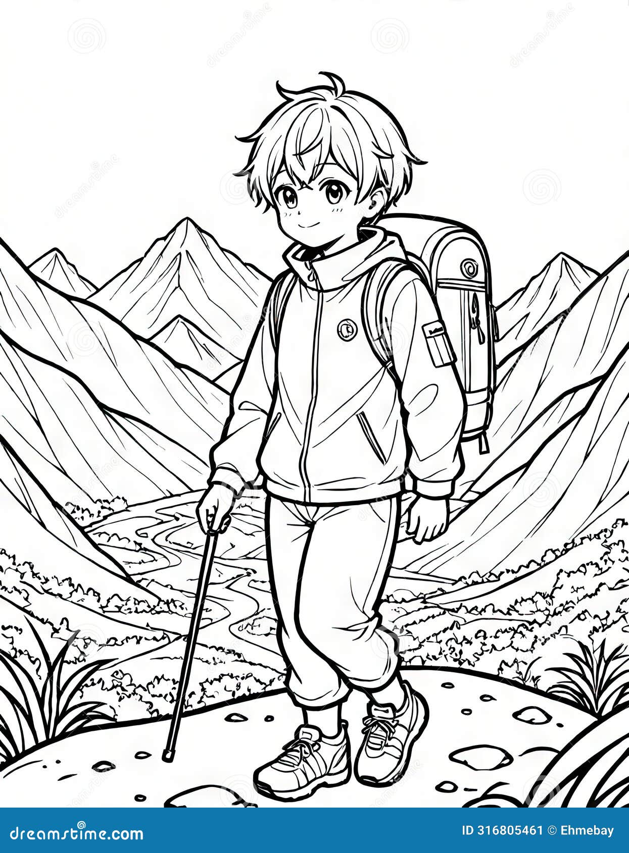 Coloring Book: Boy Exploring Mountain Terrain, Generated By AI Stock ...