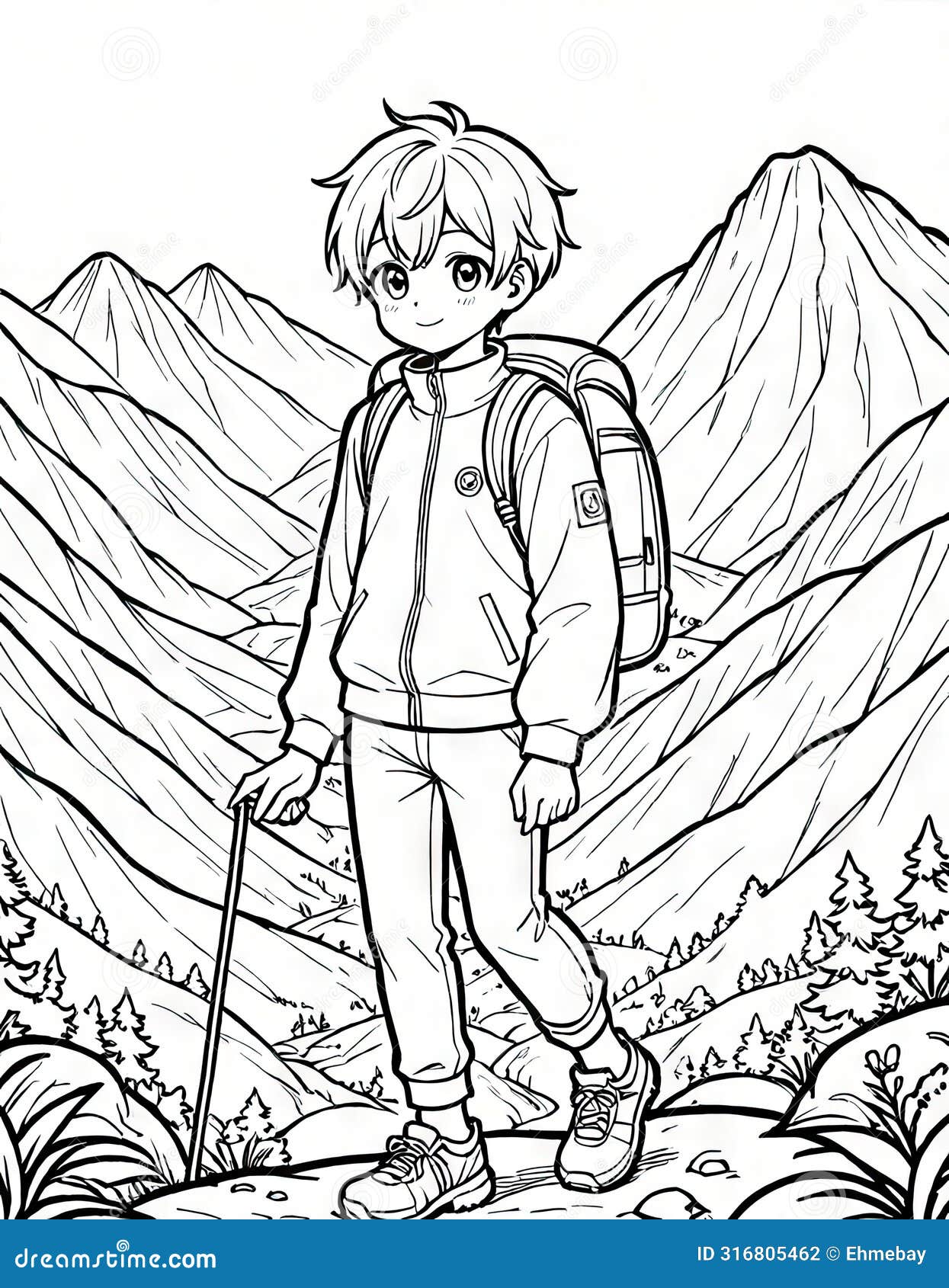 Coloring Book: Boy Exploring Mountain Terrain, Generated By AI Stock ...