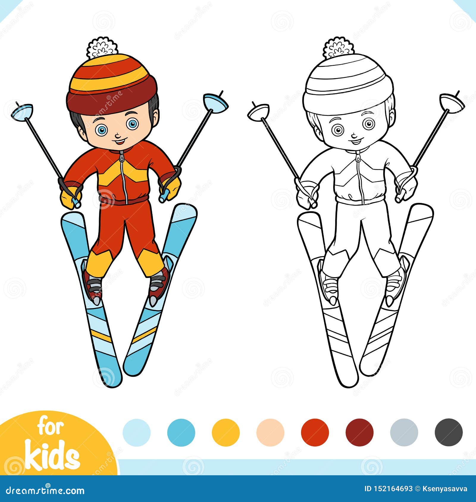 Coloring book, Boy skiing stock vector. Illustration of colorful ...