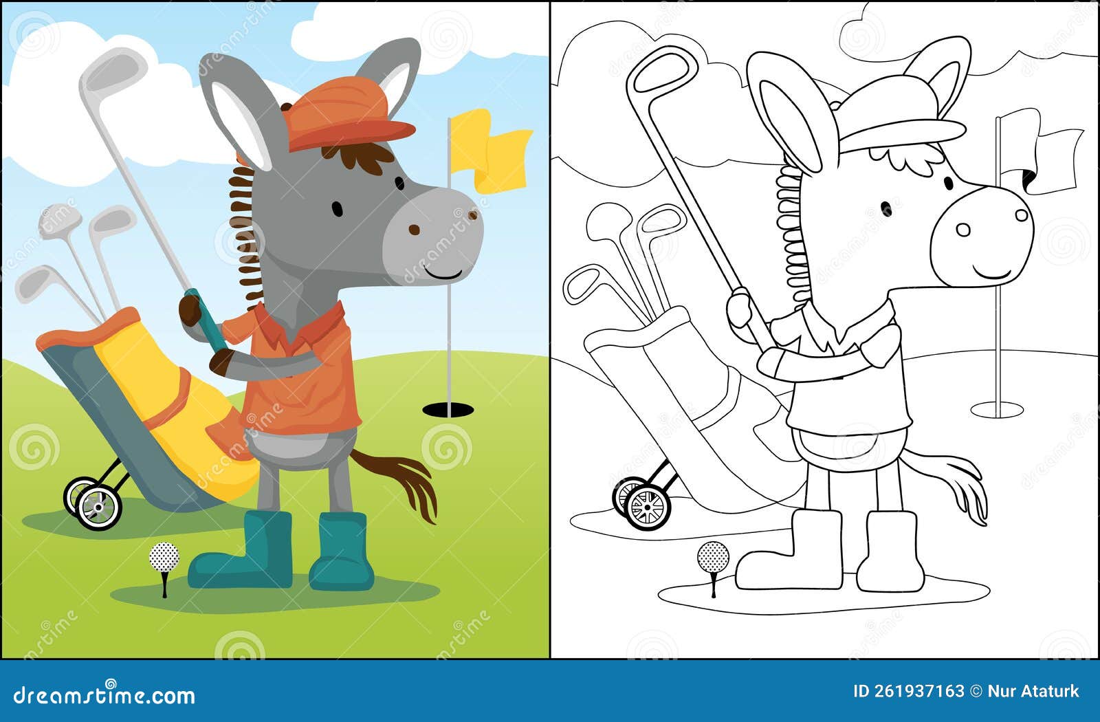 Coloring Book of Donkey Cartoon Playing Golf, Golf Elements ...