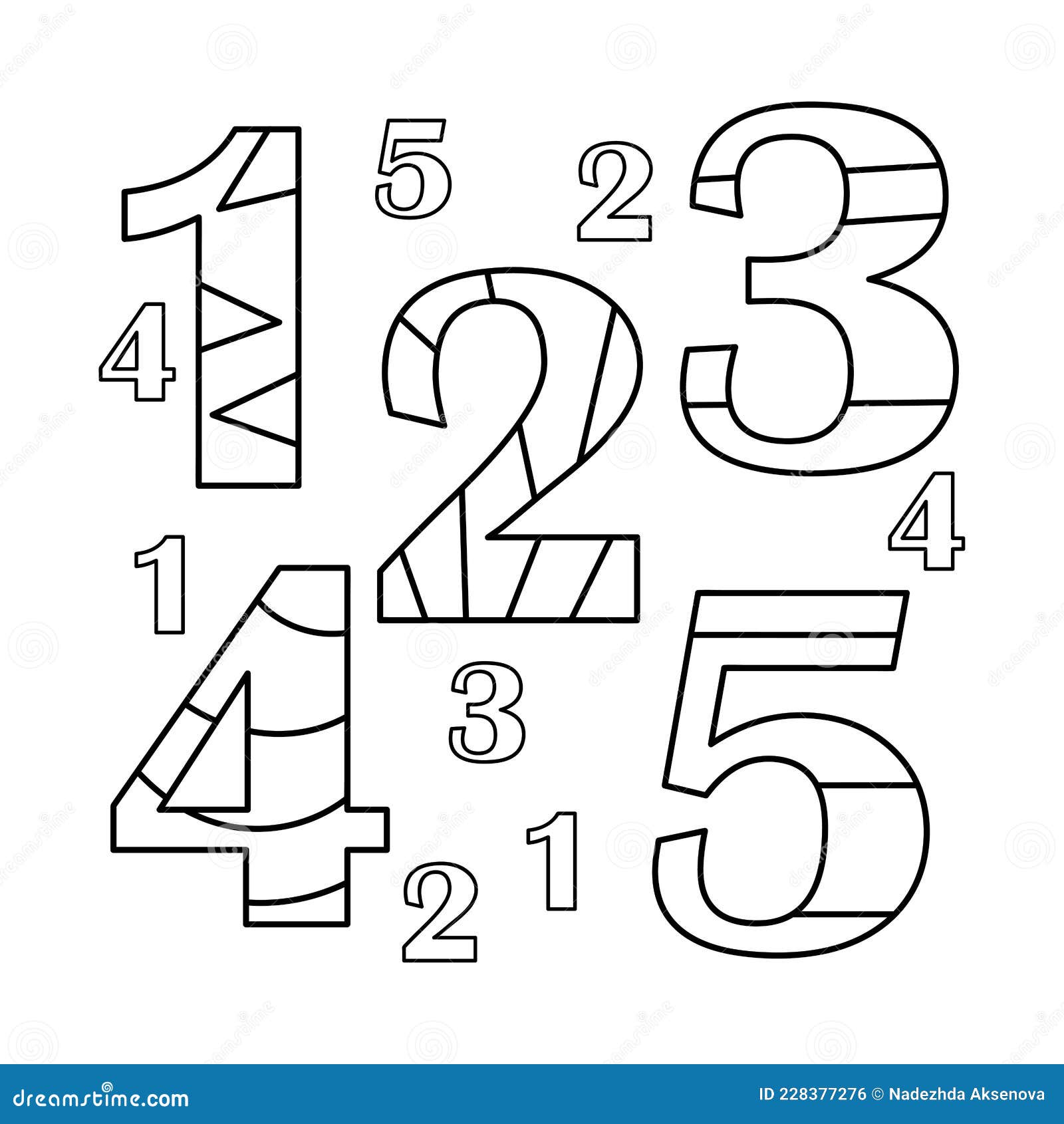 Coloring Book for Kids. Patterned Numbers from 1 To 5. Learning and ...