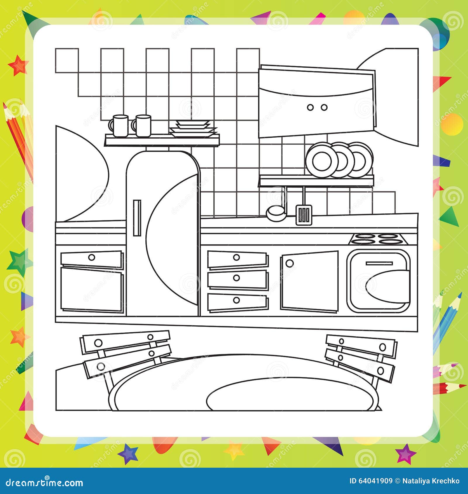 Coloring Book with Kitchen - Vector Illustration. Stock Vector ...