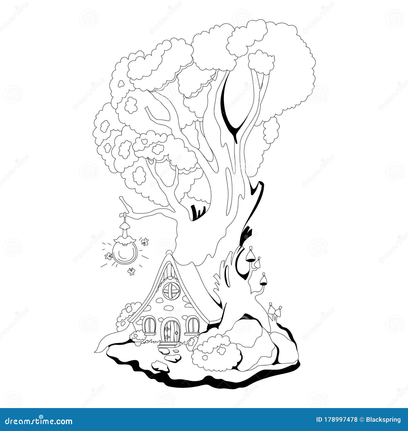 Coloring Book: Magic House in Roots of the Tree. Fairy Tale Vector ...