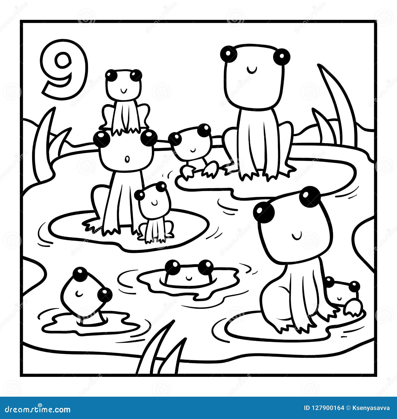 Coloring book, Nine frogs stock vector. Illustration of isolated ...