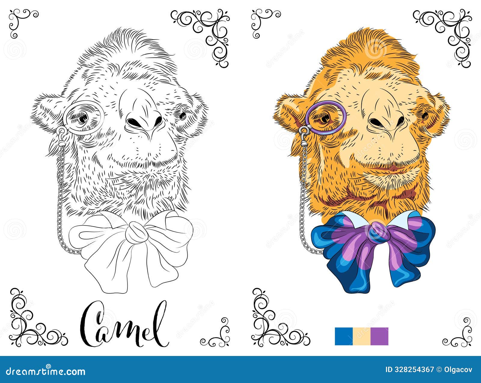 Coloring Book Page Camel with Bow and Monocle Stock Illustration ...